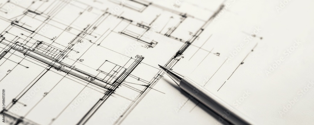 Black-and-white sketch of architectural blueprints, clean design lines ...