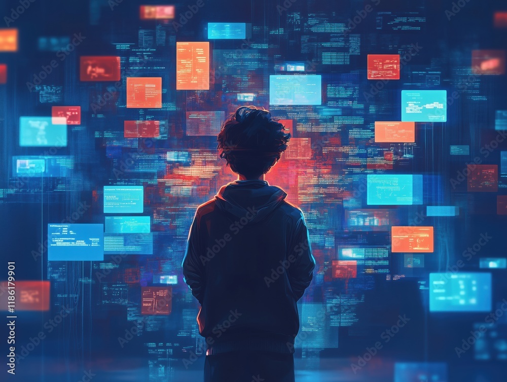 Programmer reading code on multiple virtual screens: immersive digital environment Stock ...