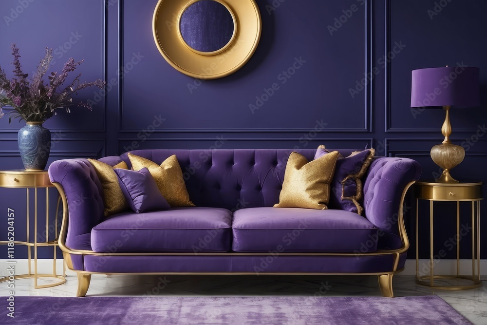 living room interior, Royal Blue wall, stylish armchair, gold coffee ...