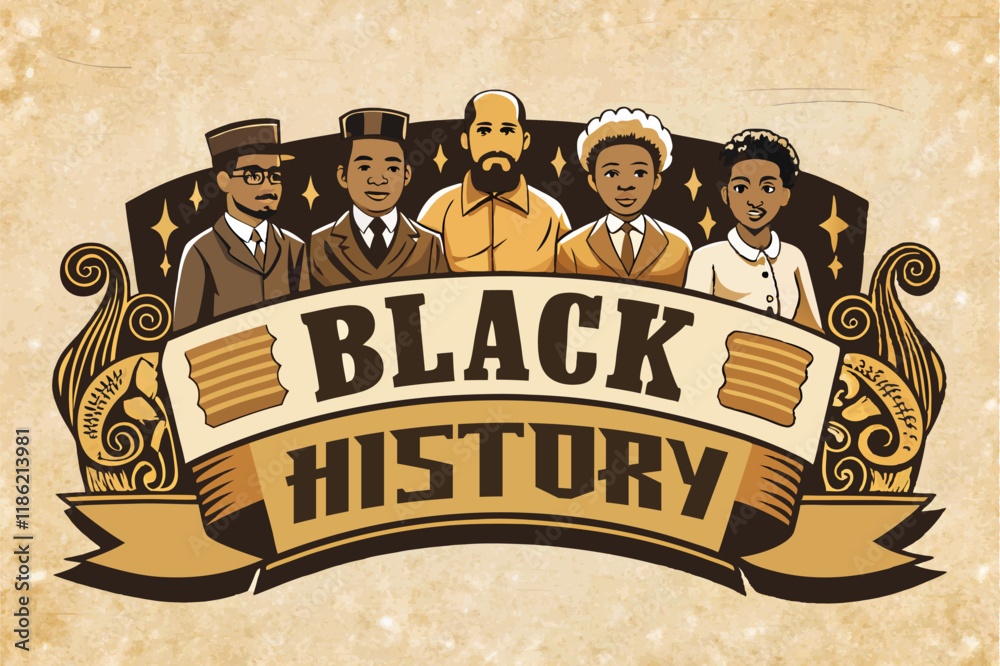Colorful Black History Month illustration featuring smiling cartoon ...