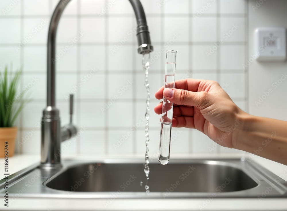Person holds test tube filled with water from faucet. Water quality ...