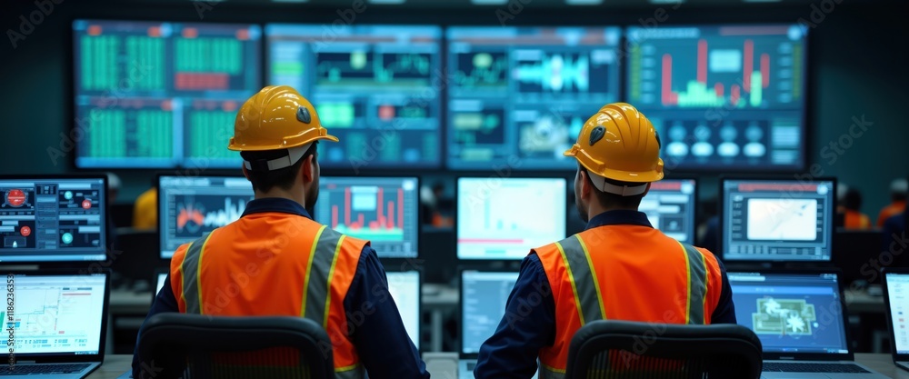 Engineers in oil refinery control room monitor operations. Wear safety ...