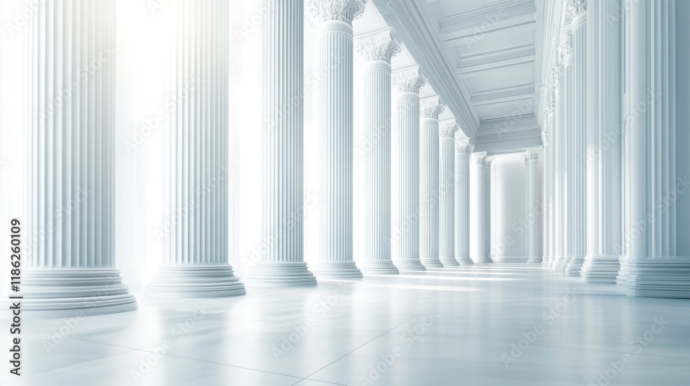 Bright White Classical Architecture Interior with Columned Hallway and ...