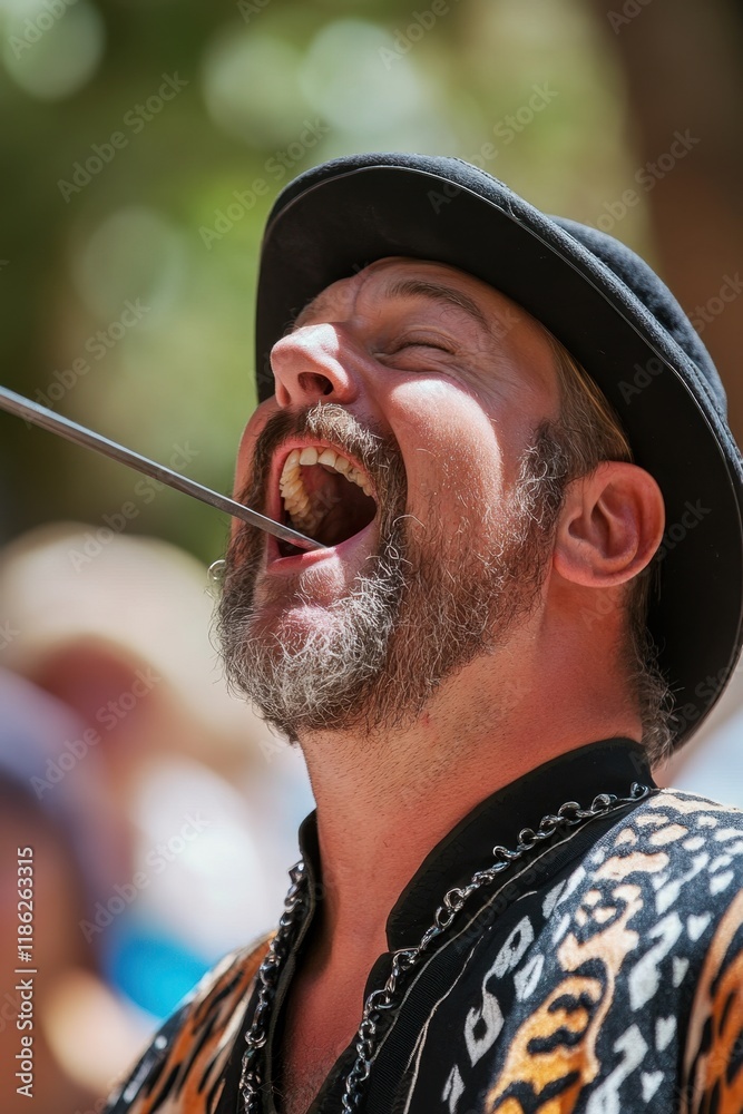 International Sword Swallowers Day Male performer balancing sword in ...