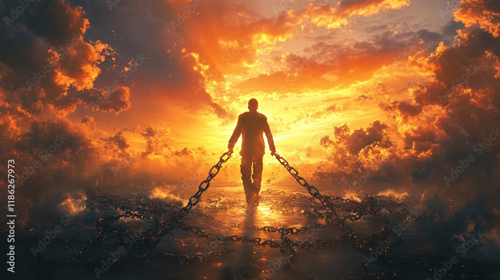 Salvation concept, man breaking from chains of sins, emerging into a ...