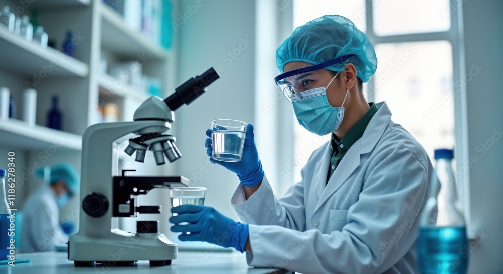 Asian scientist wearing lab coat safety gear examines water sample in ...