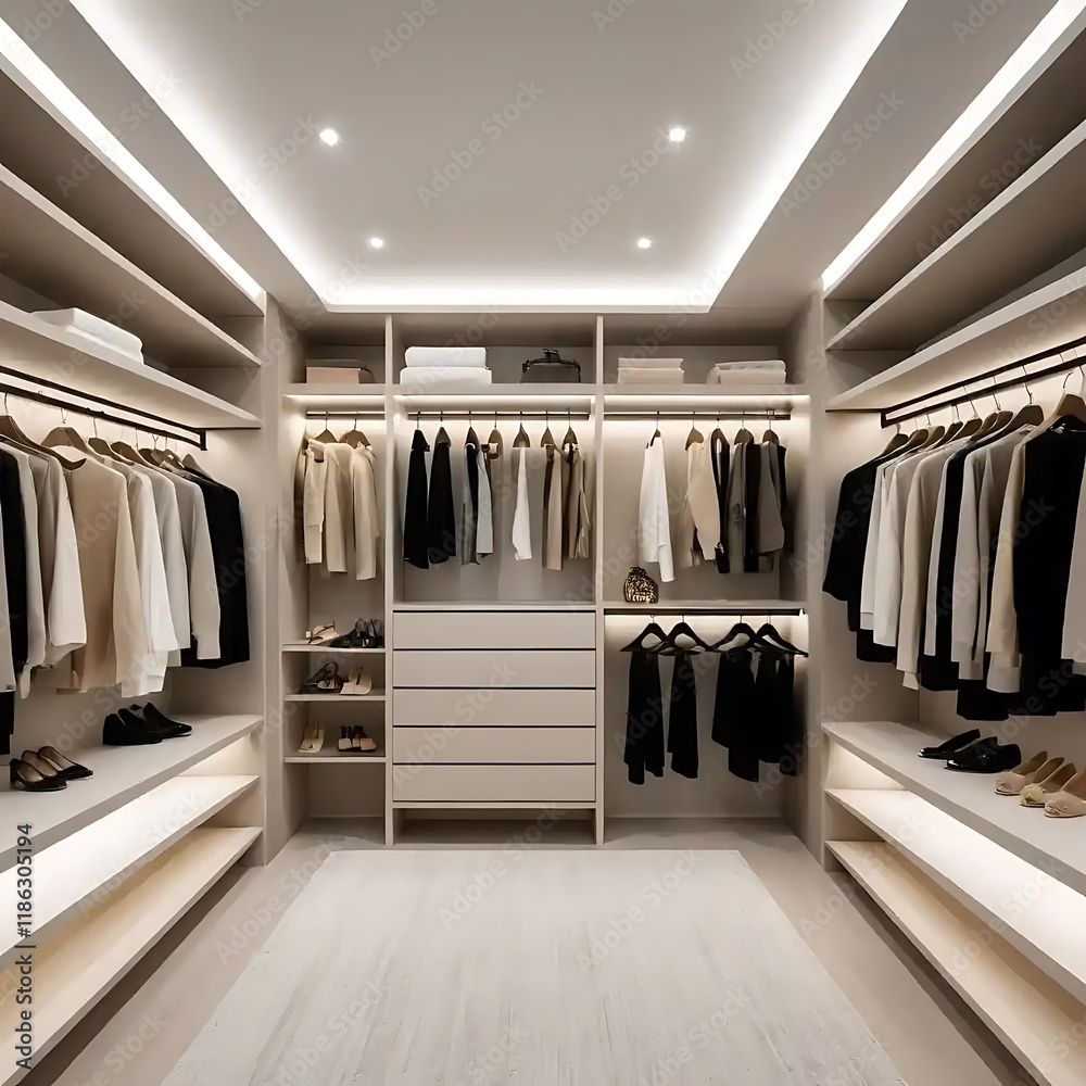 Modern Minimalist Walk In Closet Design With Neutral Tones Stock ...