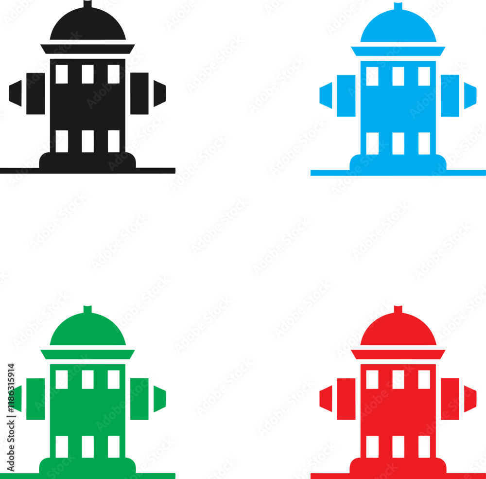 Pixel art fire hydrants, 8-bit style icons, colorful geometric shapes ...