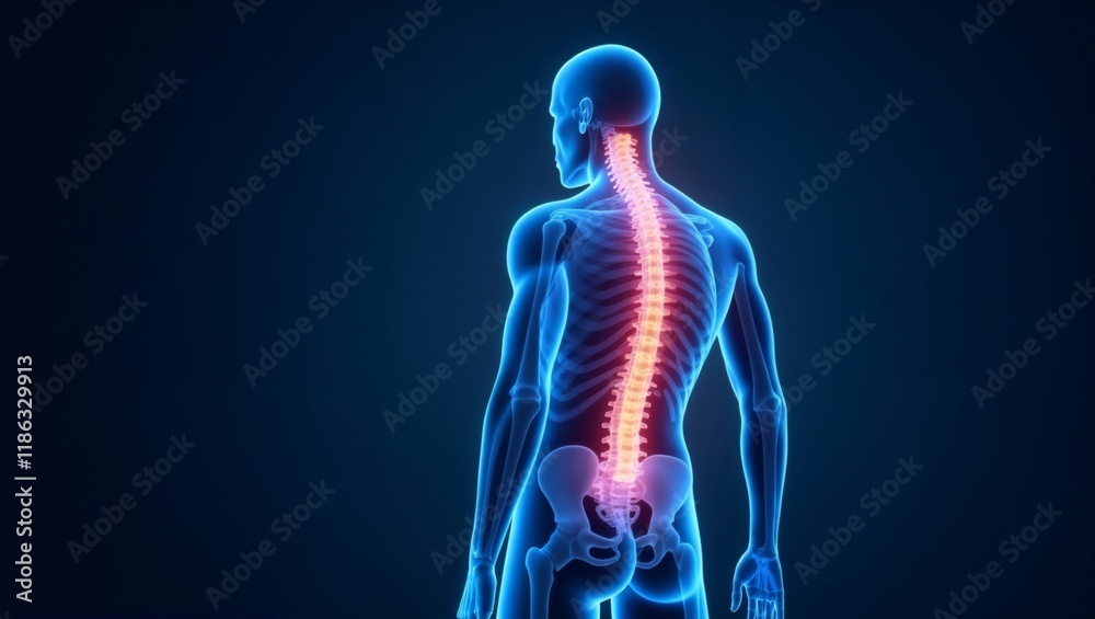 A detailed 3D anatomical model showcases the human spine, highlighting ...