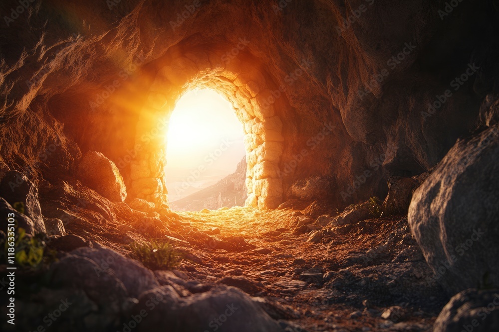 Empty tomb while light shines from the outside. Jesus Christ ...