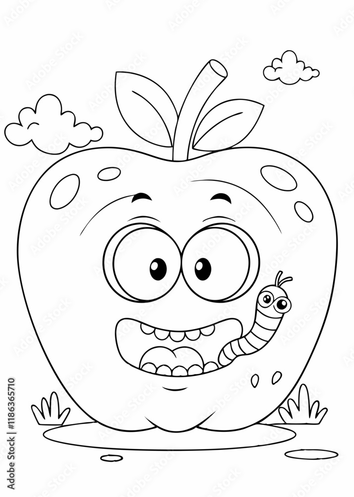 apple and worm funny cartoon, Coloring Book, Coloring Page, you can ...