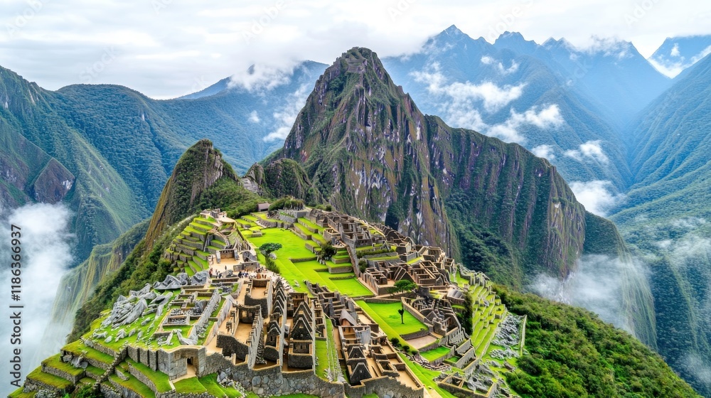 Exploring ancient inca civilization machu picchu aerial view lush ...