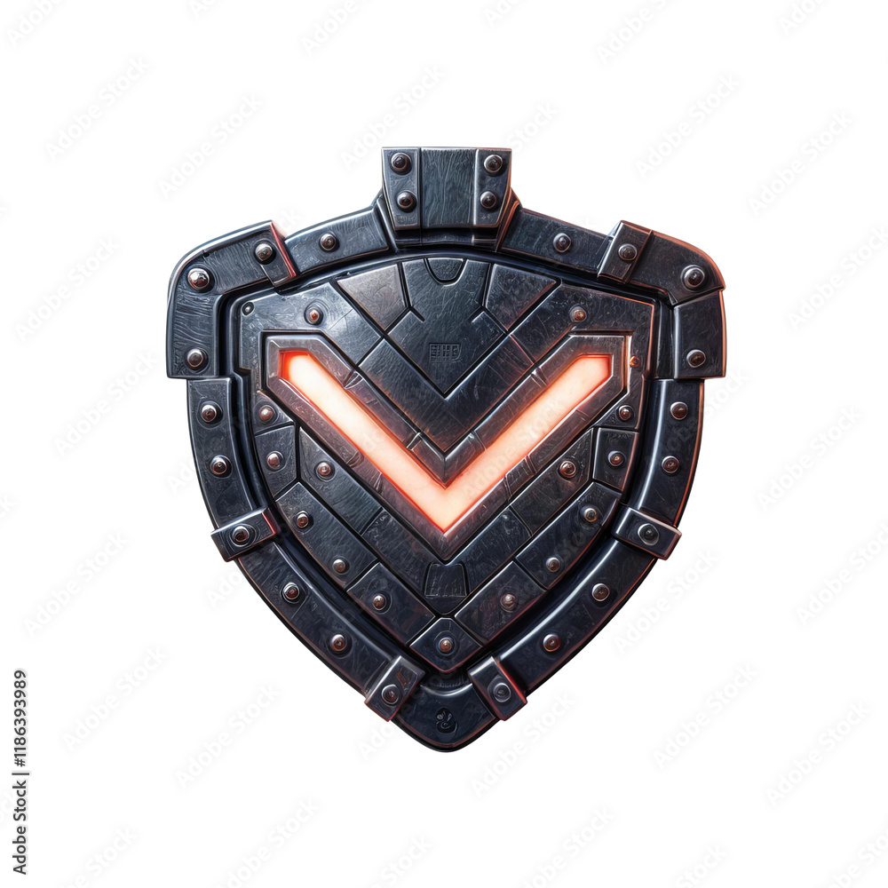 Cyberpunk Shield Emblem: Glowing V-shaped emblem on a dark metallic ...