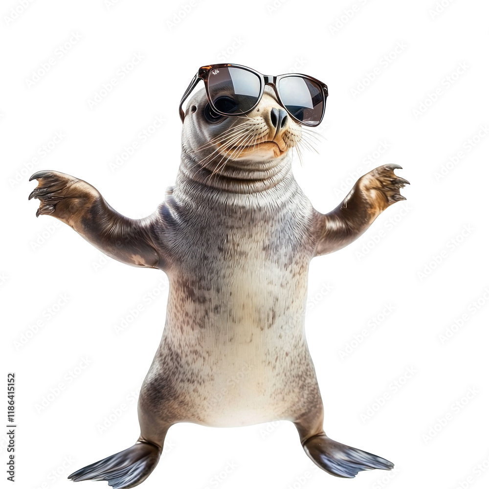 Dancing Seal in Large Sunglasses Poses Humorously on a transparent ...