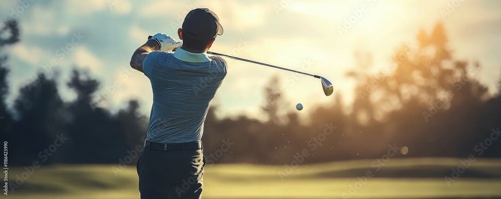 Man Playing Golf In Indoor Simulator Room, Hitting Ball on Screen in ...