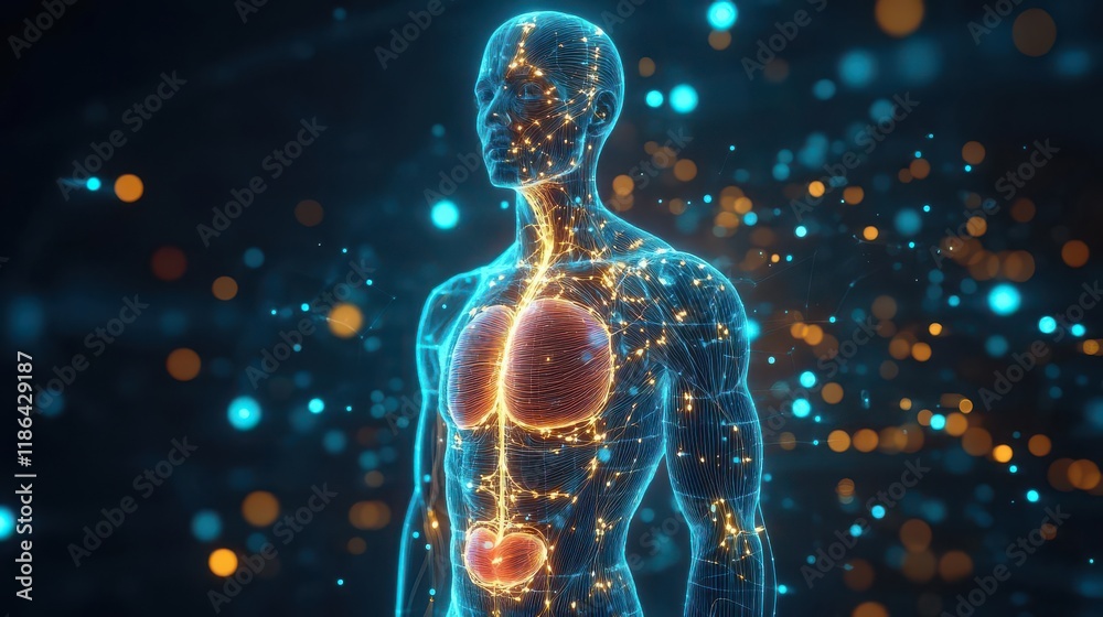 Visualize human body with highlighted fascia tissue, glowing lymphatic ...