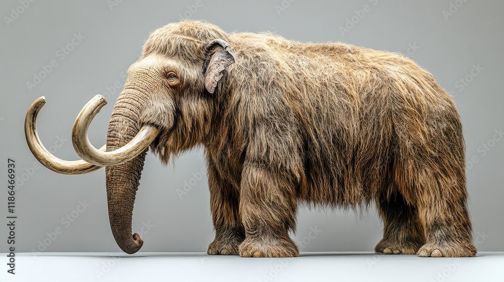 Woolly mammoth, prehistoric elephant, large tusks, long hair, side ...