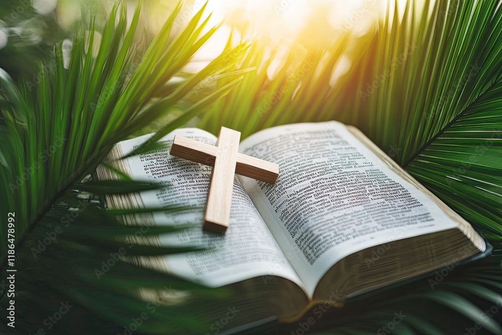 Palm Sunday concept. Palm cross on open Holy Bible and palm leaves ...