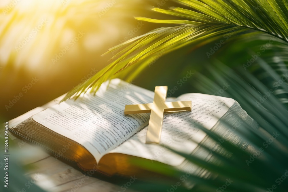 Palm Sunday concept. Palm cross on open Holy Bible and palm leaves ...