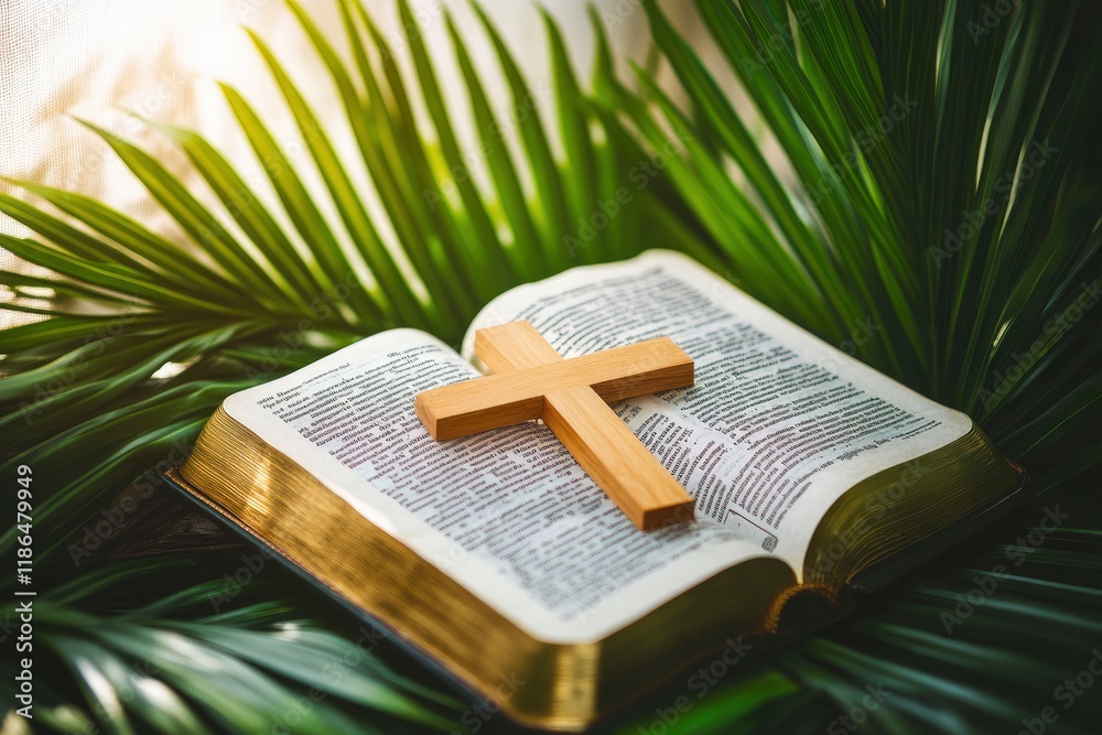 Palm Sunday concept. Palm cross on open Holy Bible and palm leaves ...
