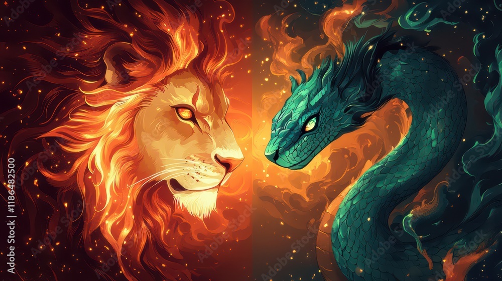Zodiac Sign Leo and Year of the Snake: Symbolic Artwork with Majestic ...