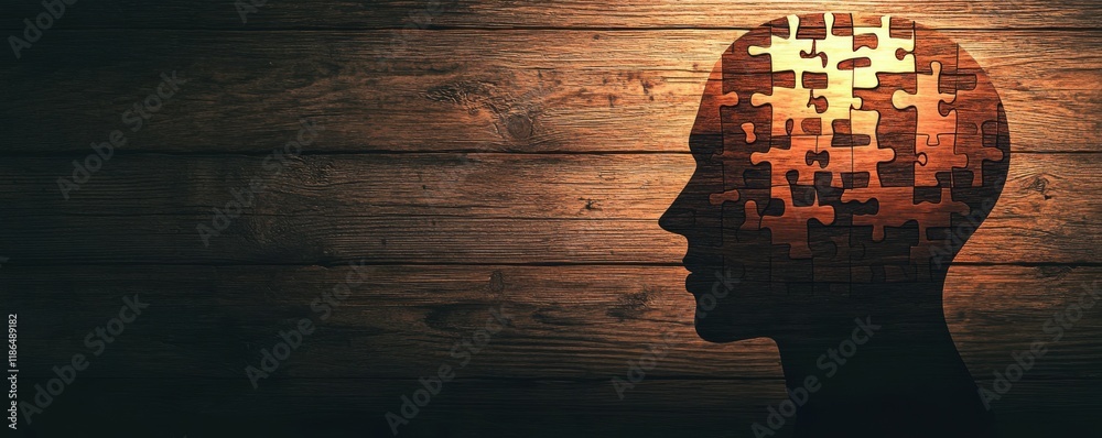 puzzle head silhouette, light effect, wooden background, creativity ...