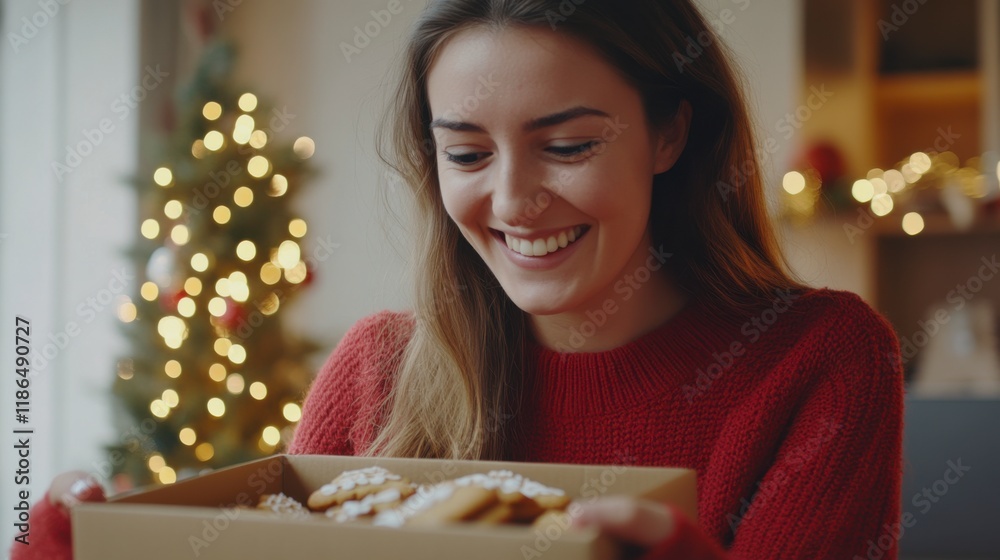 Christmas Cookie Delight: A woman beams with joy as she opens a box of ...