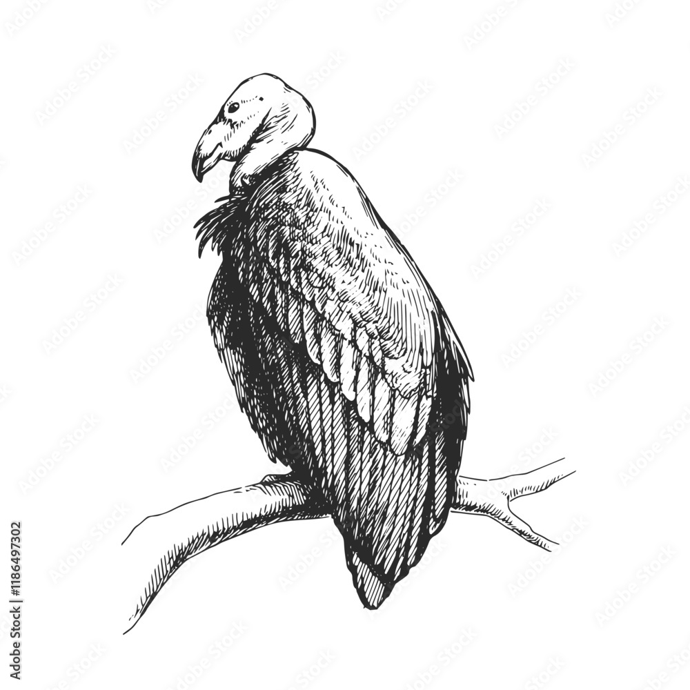 Vector hand-drawn illustration of California Condor. Black and white ...