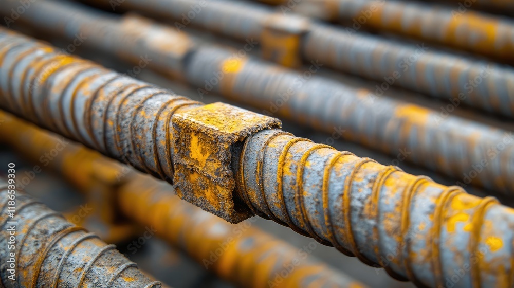 Steel rebar close-up showing rust and texture for construction ...