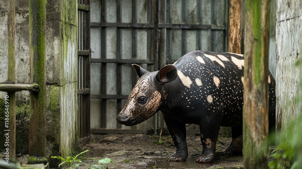 Tapir exploring its enclosure near an exit in a wildlife sanctuary ...