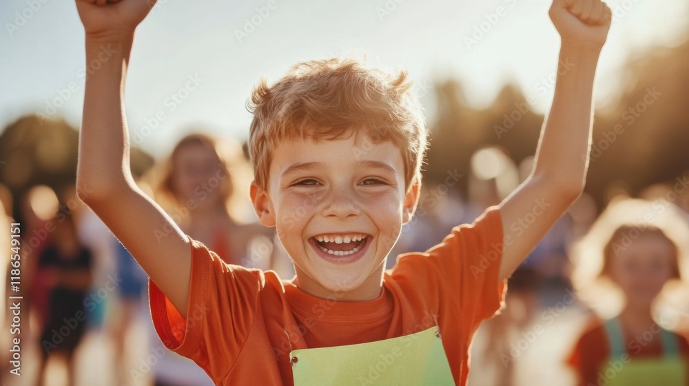 Triumphant Smile: A young boy with a beaming smile raises his arms in ...