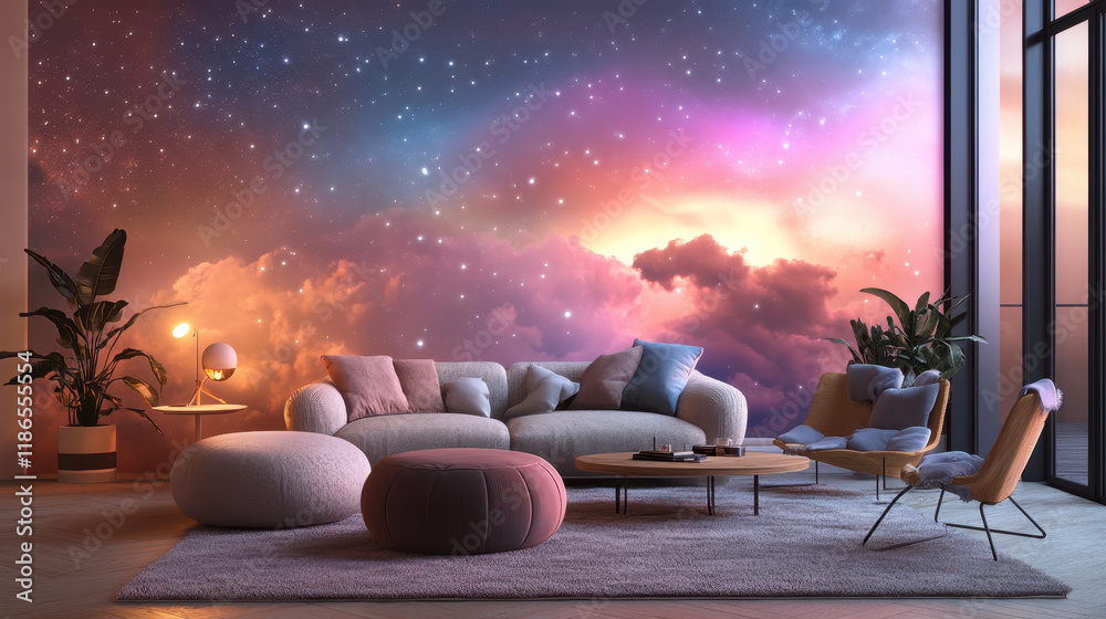 Cosmic Living Room: A dreamy nebula-inspired mural transforms a modern ...