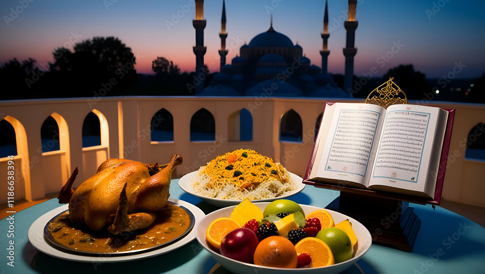 Islamic Religious Book with Dinner Table Against Mosque at Evening ...