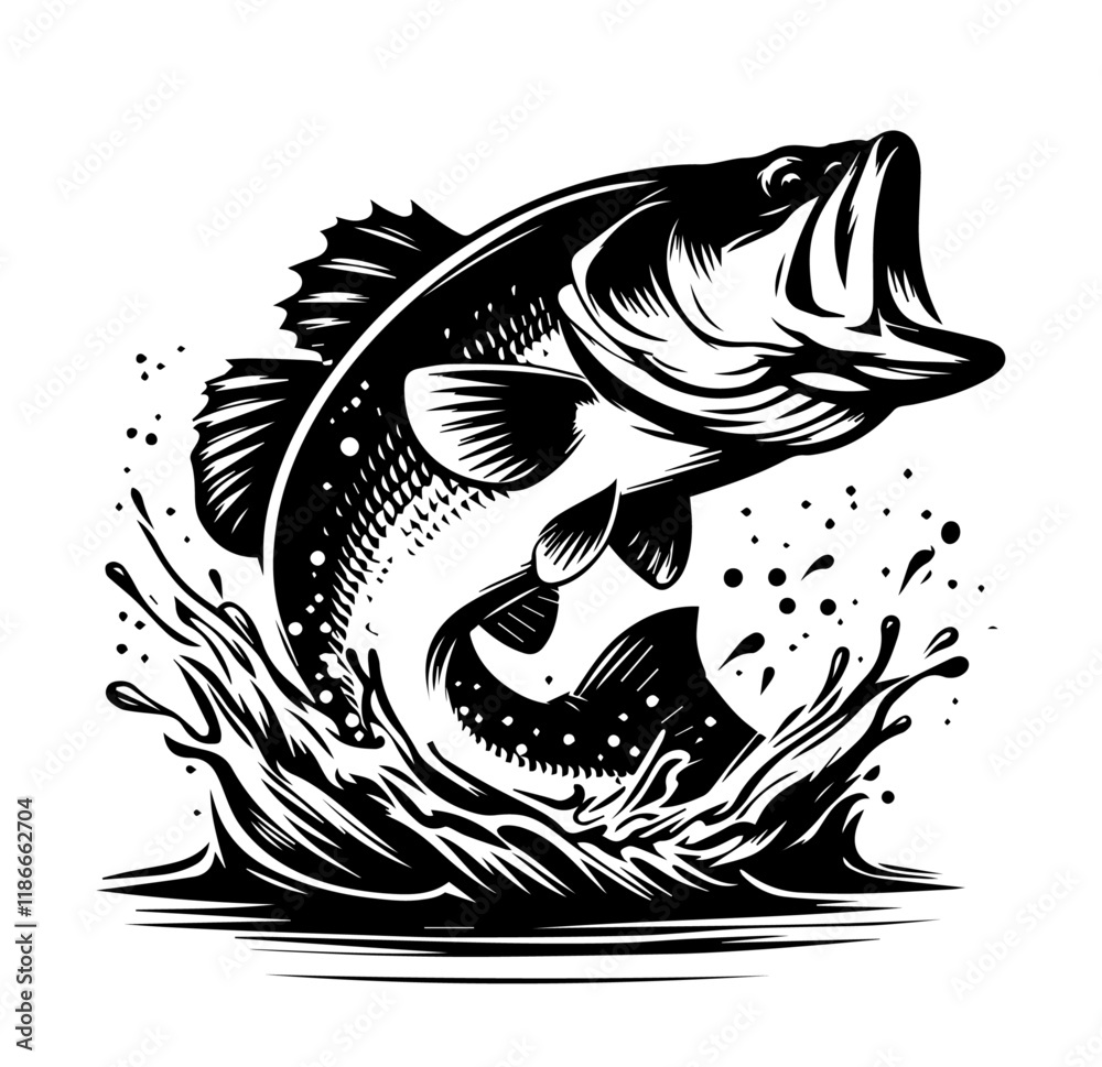 jumping bass fish with water splash in black silhouette Stock Vector ...