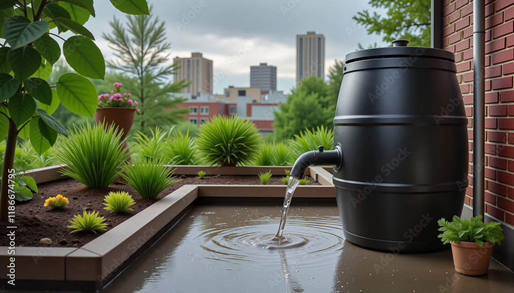 Eco-friendly urban garden featuring a rainwater collection system with ...