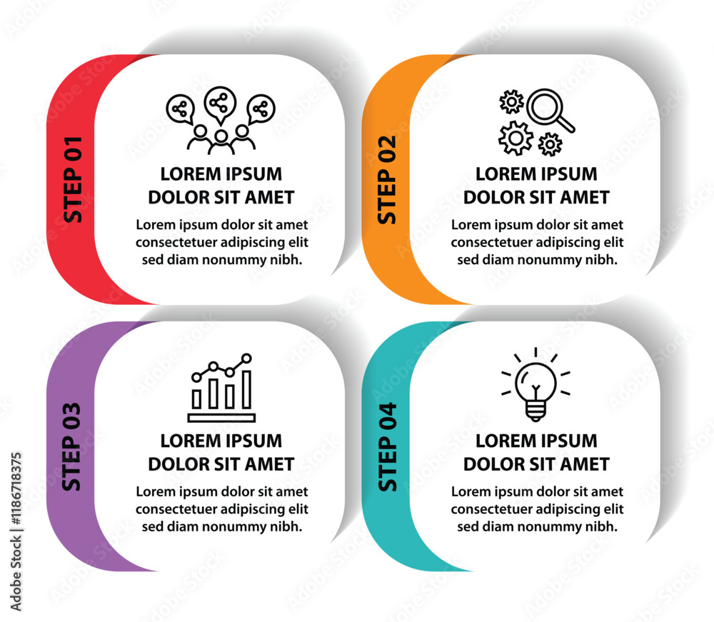 4 steps infographic template with 4 options. Flowchart that can be used for business report ...