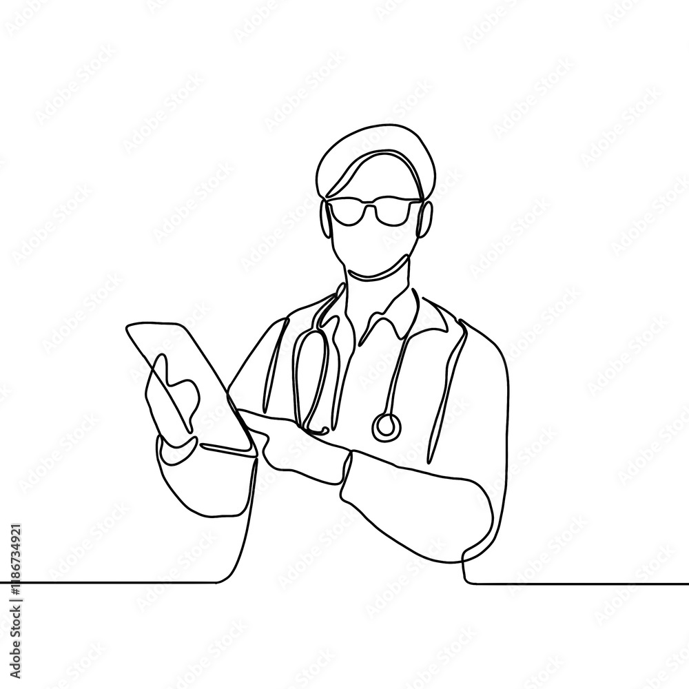 Continuous line drawing of a doctor with stethoscope. One line art of ...