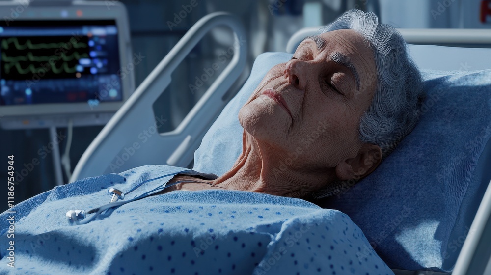 Elderly patient sleeping on a medical bed in hospital ward. Senior ...