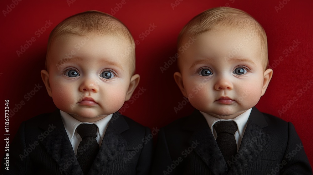 Twin infants dressed in matching formal attire, posing elegantly ...