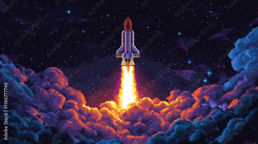 Pixel art illustration of a space shuttle taking off over the clouds at ...
