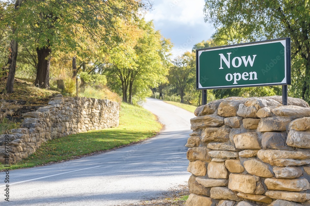 Brightly lit sign announces now open along a winding pathway lined with ...