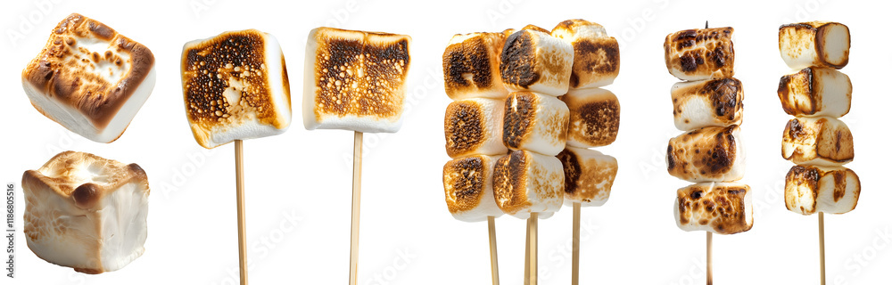 Toasted melty marshmallow, on stick, sweet dessert on transparent ...