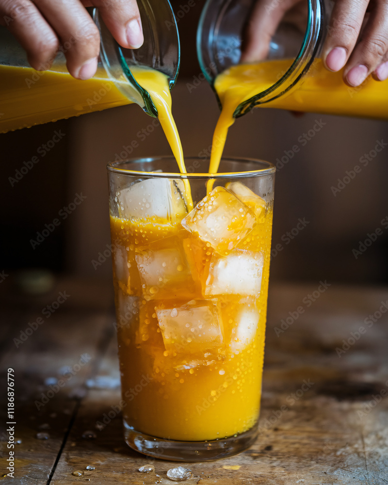 Refreshing Mango Juice Pour. Two hands pour vibrant mango juice from glass pitchers into a tall ...