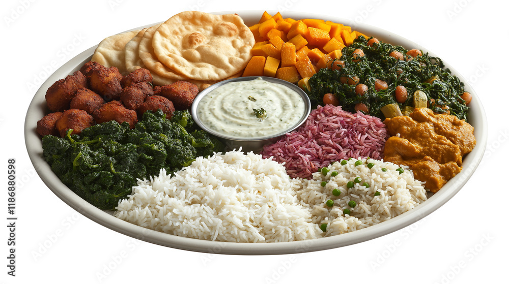 A photo of an Indian thali, with multiple dishes arranged on one large ...
