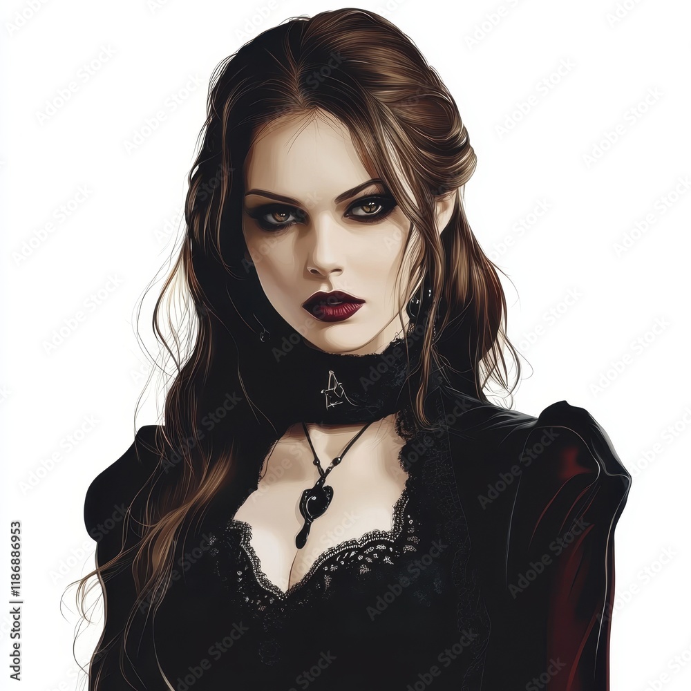 Female vampire in black dress on white background. Portrait of young ...