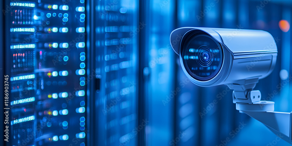 Foto de Stock Surveillance Camera Monitoring Data Center with Server ...