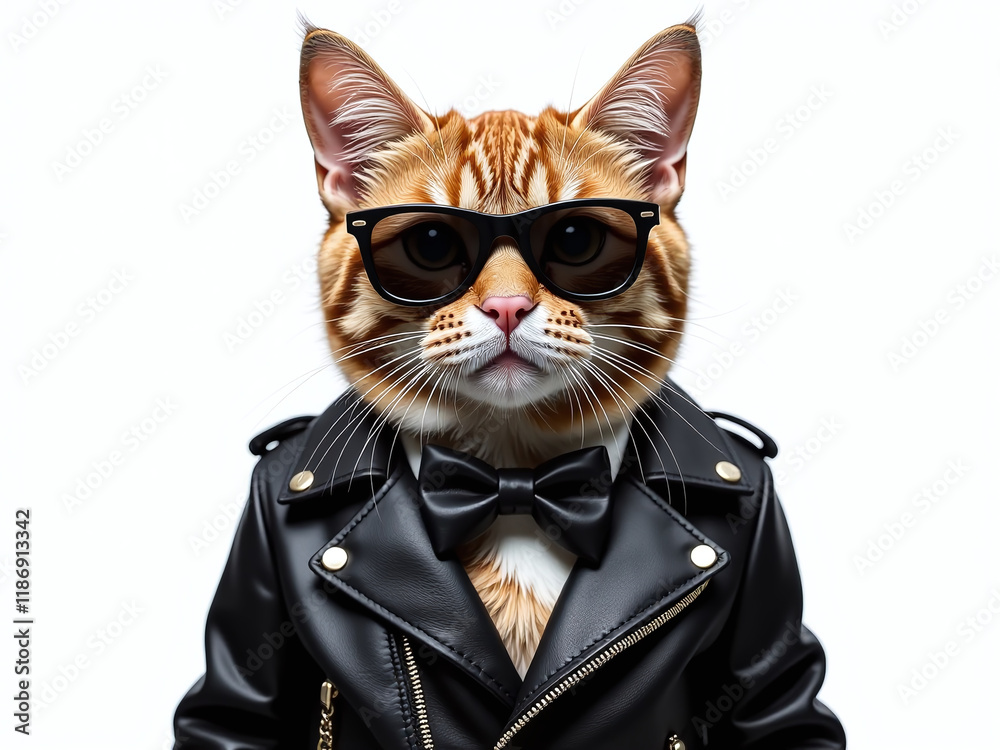 A Punk Rock Cat Wears A Leather Outfit With Sunglasses, Isolated On A ...