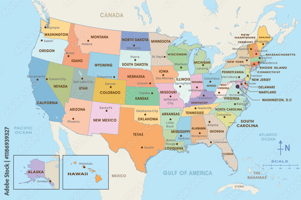 Gulf of America Colorful USA Map with State Capitals Stock Vector ...