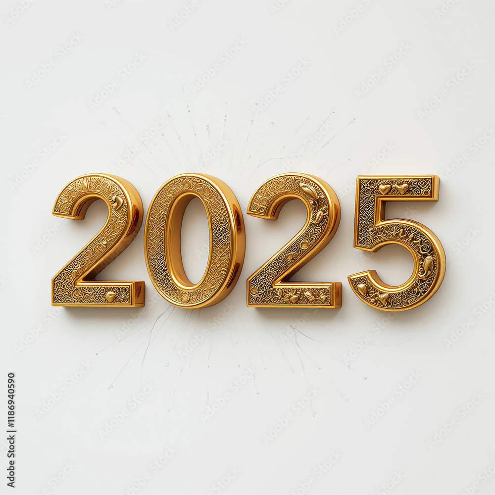 Celebrate the New Year 2025 with sparkling gold numerals on a clean ...