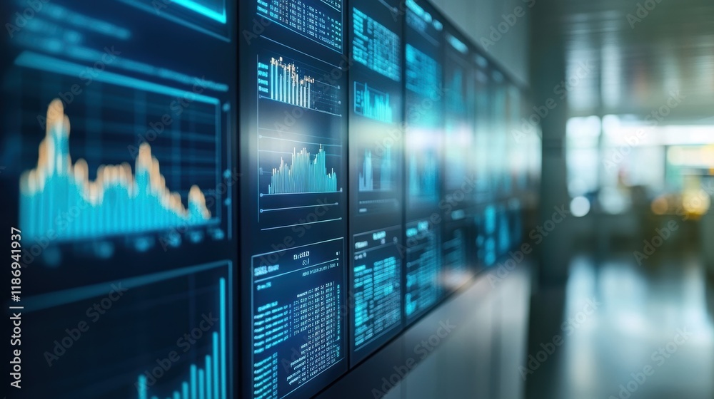 Multiple screens displaying real time production data and key ...